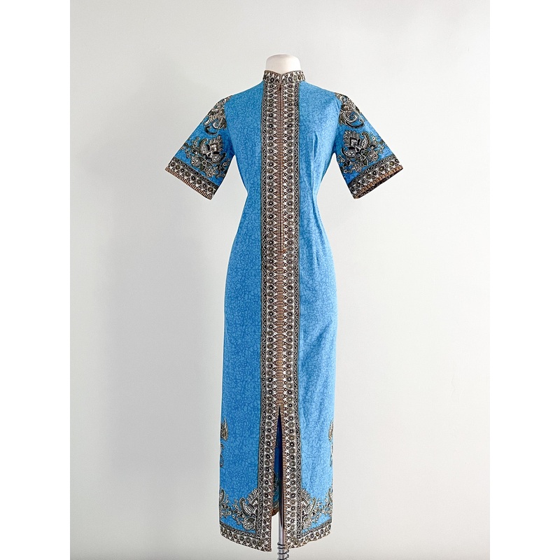 Beautiful 1960's Blue & Gold Batik Maxi Dress / Sz M - High-End Fashion ...